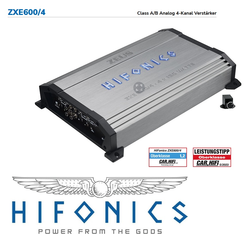 Hifonics ZXE 600/4 4-Kanal Class-AB Verstärker 600 Watt RMS inkl. Bass-Remote